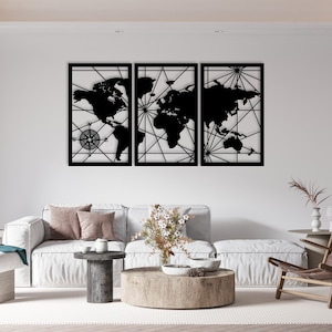 World Map Wall Art Decor Set of 3 Panels Laser Cut Dxf Glowforge Svg ...