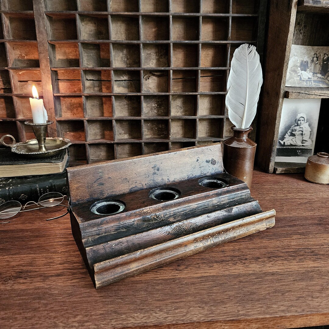 Antique Wooden Inkwell Desk Set With Lovatt and Lovatt Pottery Ink Pot ...