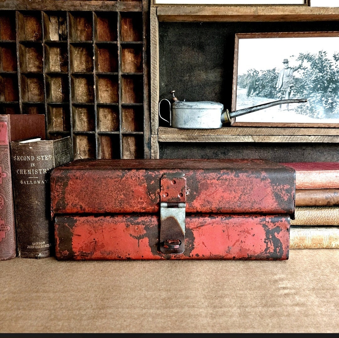 Vintage Industrial Red Toolbox, Rustic Storage Box, Old Tractor Toolbox ...