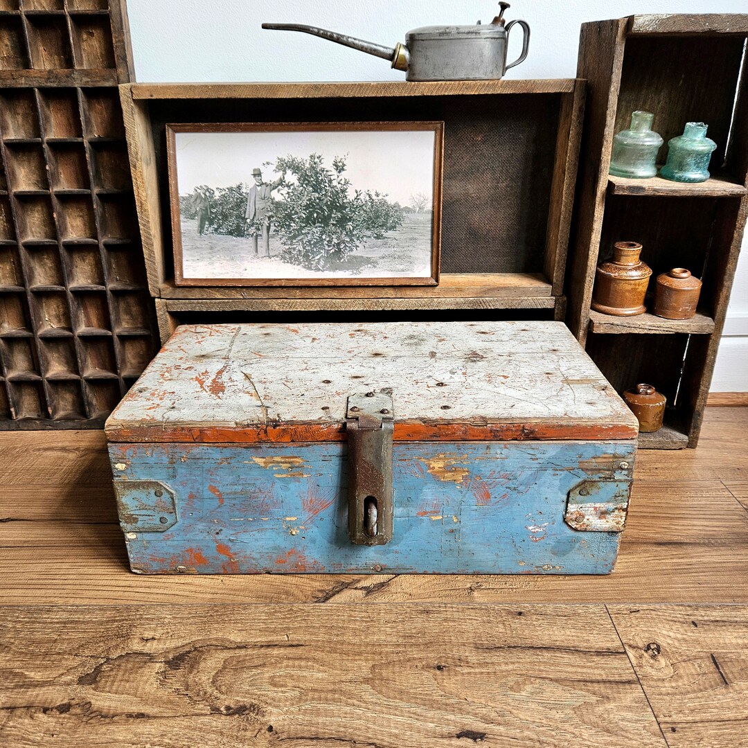 Vintage Industrial Wooden Toolbox, Rustic Storage Box, Old Blue Box - Etsy