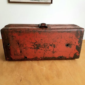 Vintage Industrial Red Toolbox, Rustic Storage Box, Old Tractor Toolbox ...