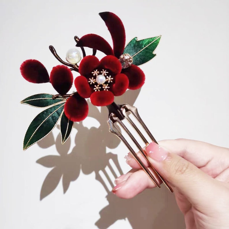 Red Wedding Hair Stick Side Hanfu Flower Handmade Hairpin - Etsy