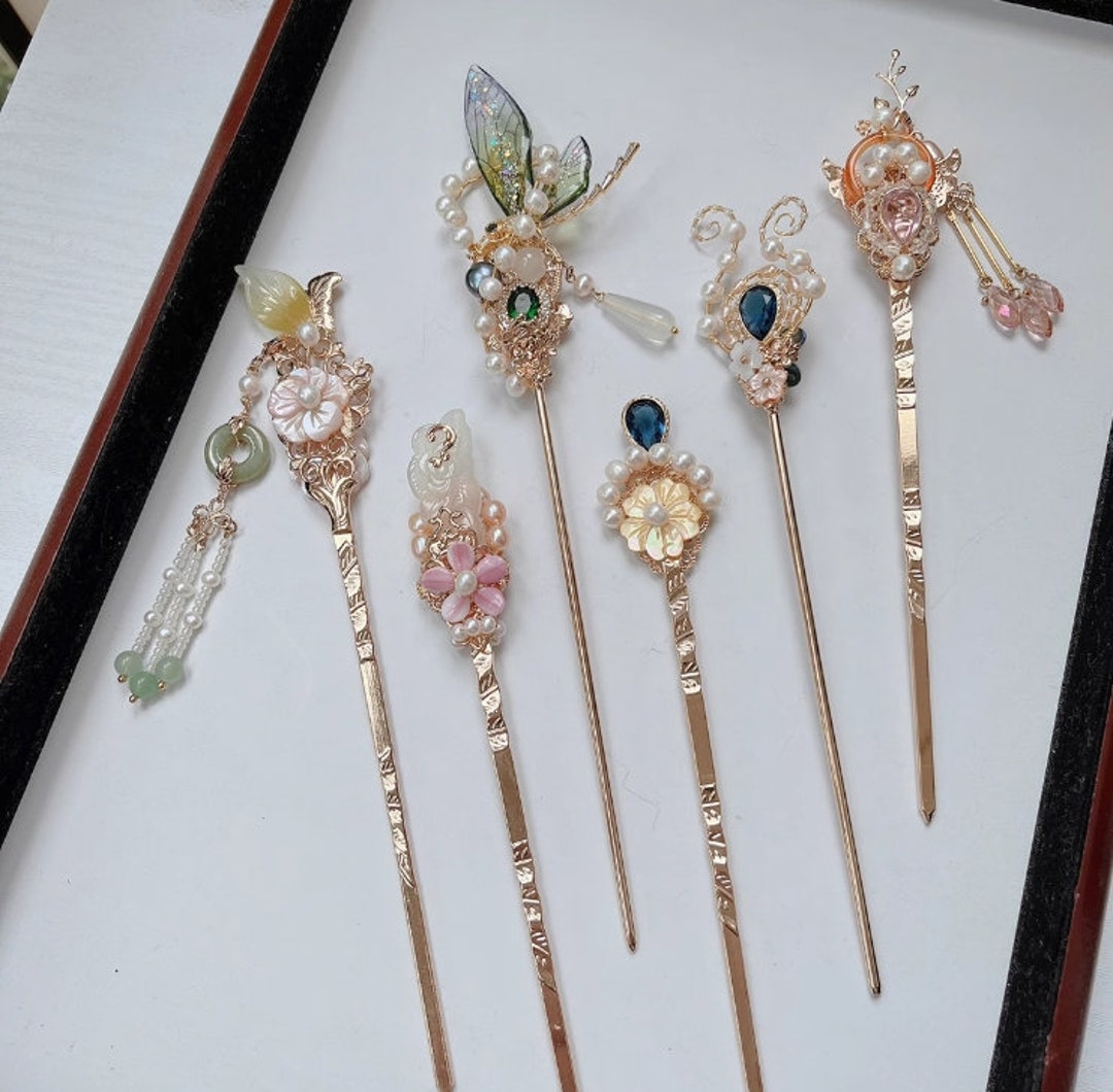 Metal Jade Hair Stick, Hanfu Luxury Hair Pins, Chinese Hair Fork, Pearl ...