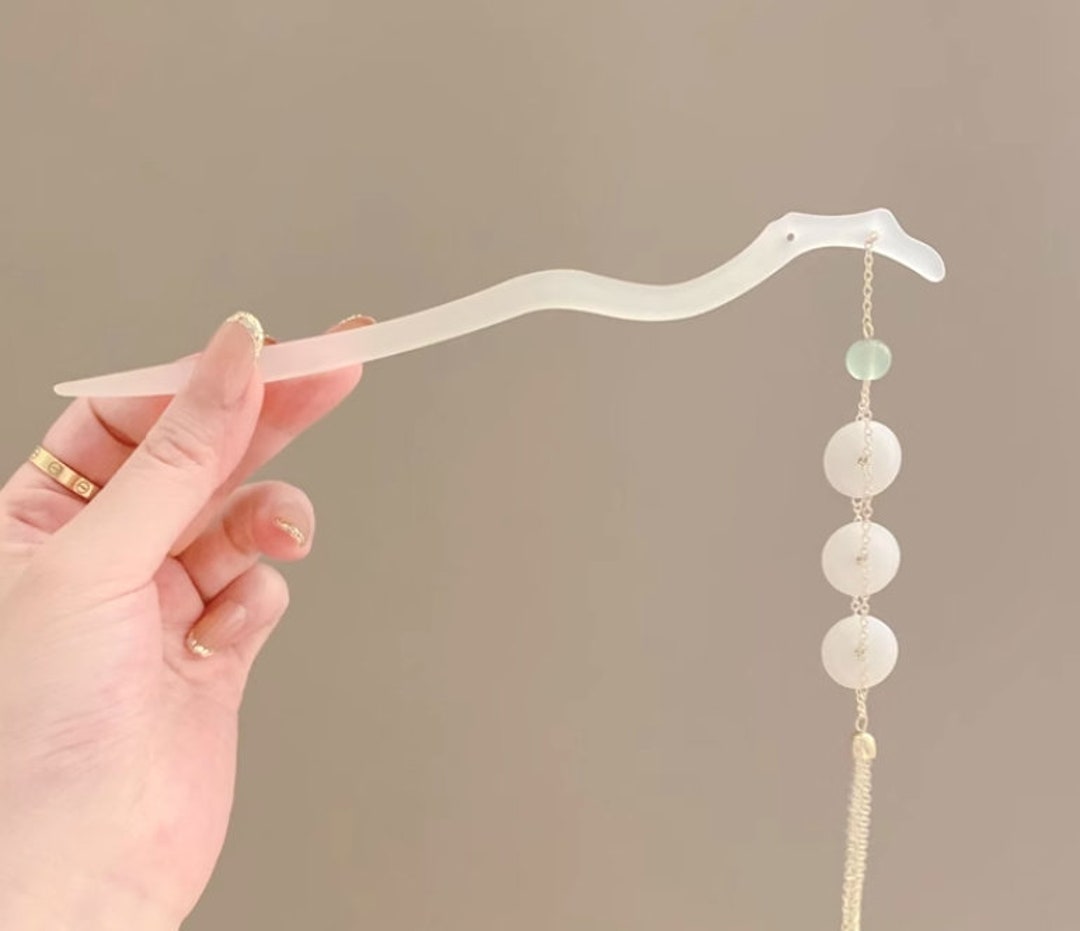 White Jade Hair Stick, Chinese Hanfu Hair Pins, Tassel Hair Fork, Fresh ...