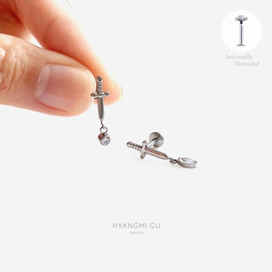 16G Titanium Dagger Dangle Stud, Sword Cartilage Flat Back Labret, Internally Threaded Conch ...