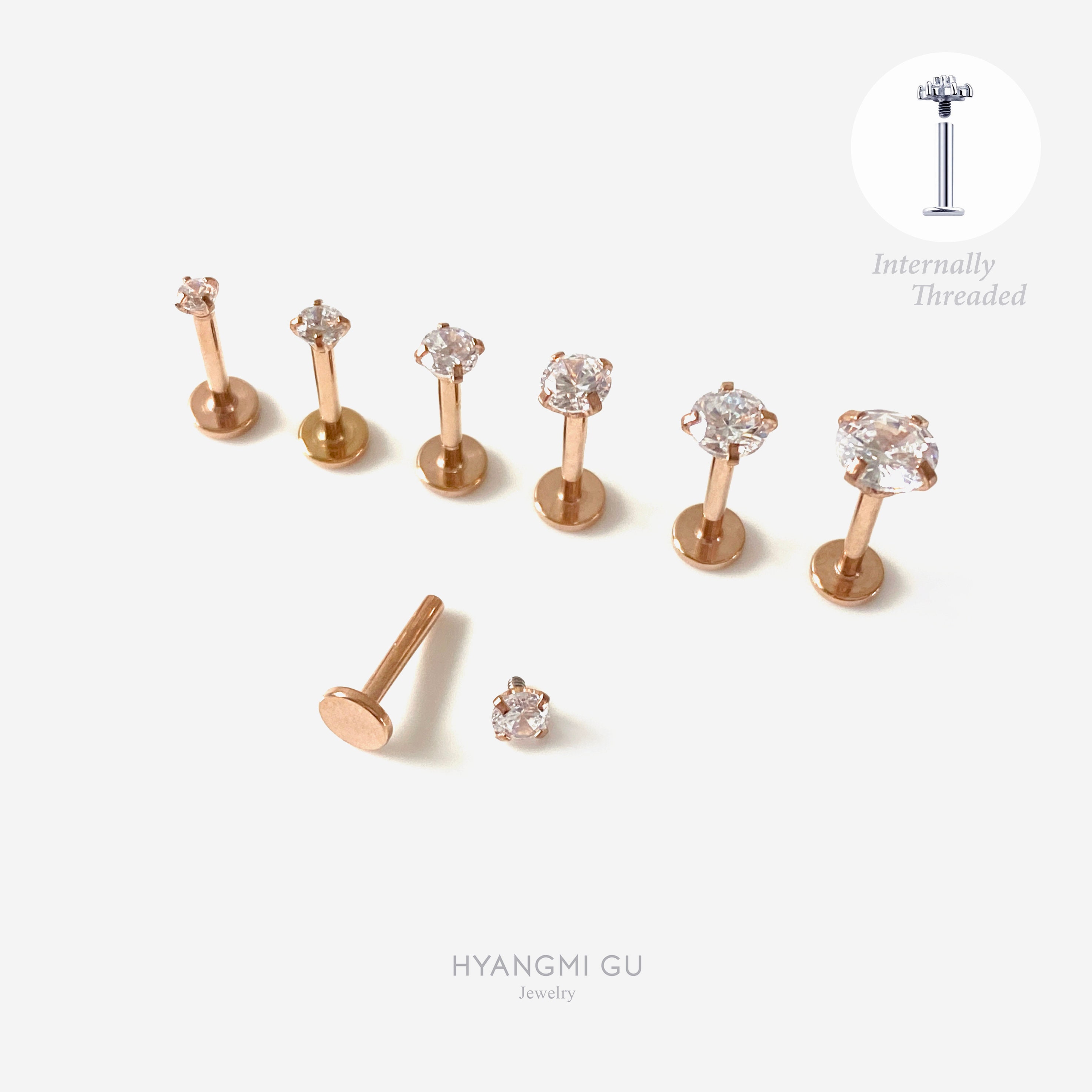 16G 2-5mm Rose Gold Clear Round Internally Threaded Nose Stud, Conch ...
