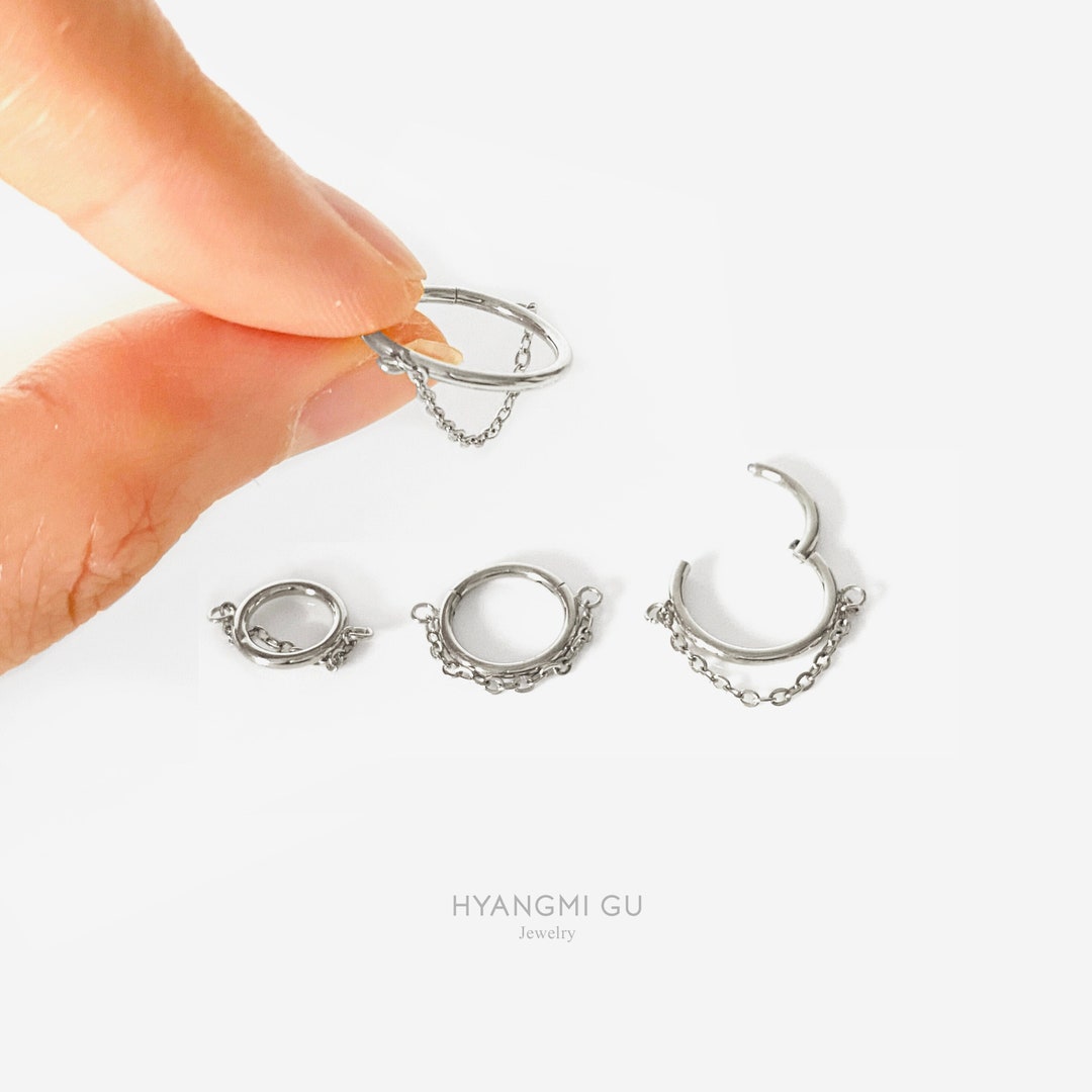 16G 6mm-12mm Chain Drop Silver Clicker Hoop, Nose Ring, Silver Ring ...