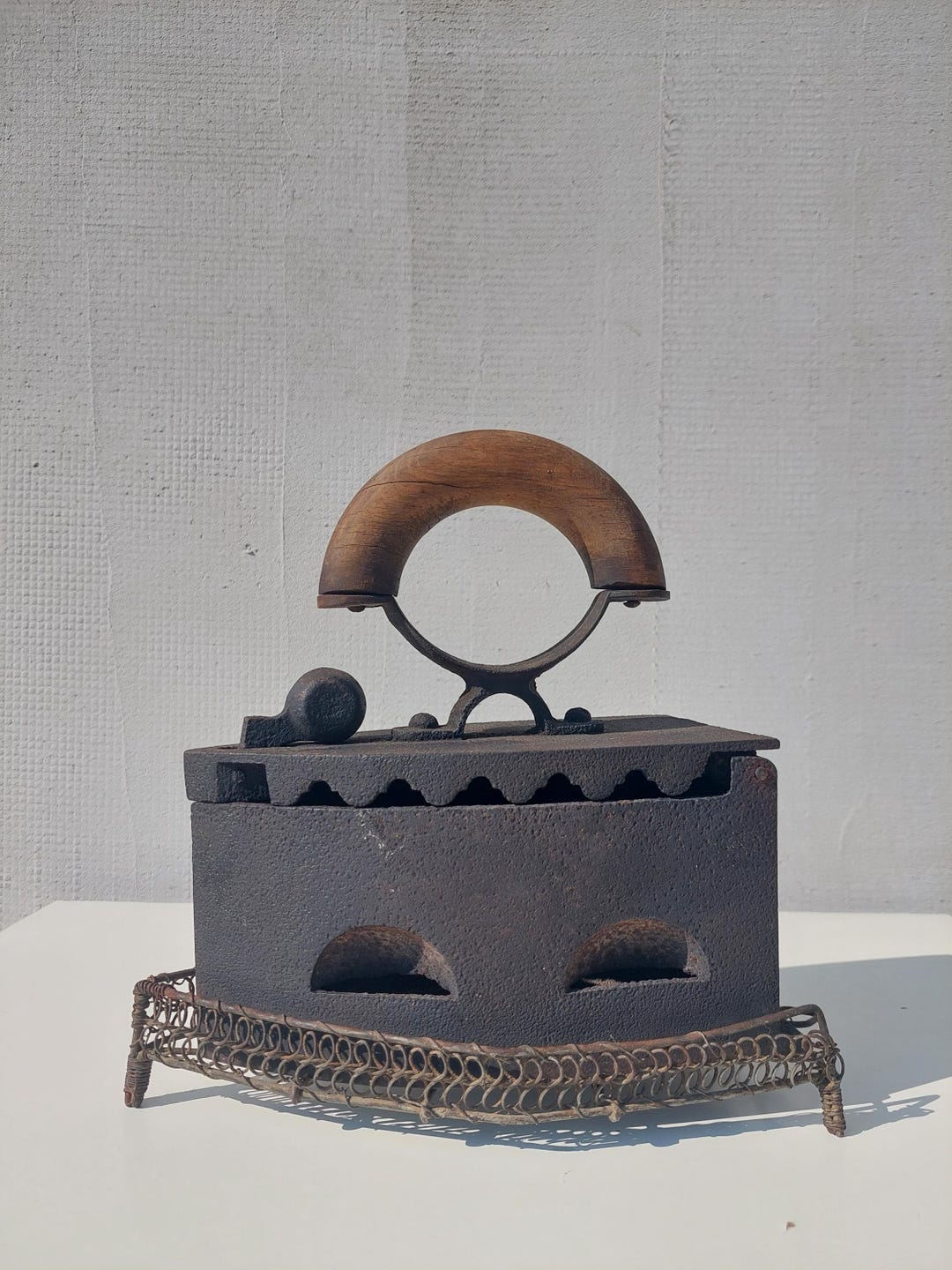 Antique Coal Iron With Wooden Handle, Antique Cast Iron, Charcoal Iron ...