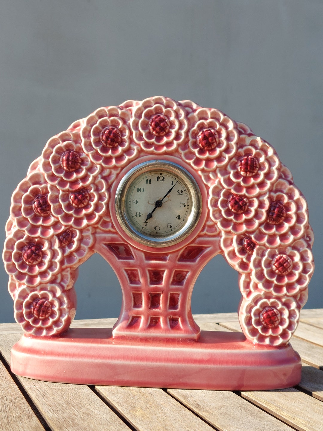 Majolica Floral Dresser Mantel Clock, Esdeve Sarreguemines Mantel Clock ...