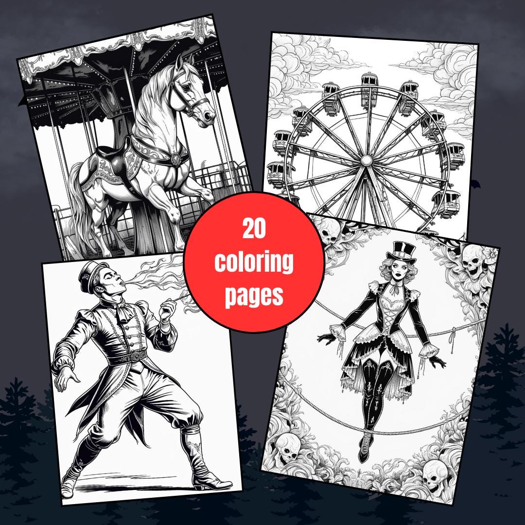 Creepy Circus Coloring Pages: Vintage Horror Freak Show (printable PDF ...