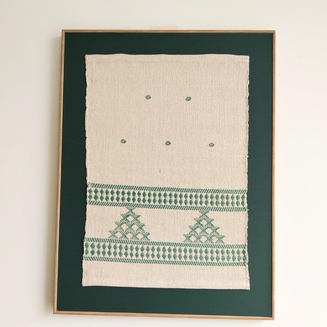Olive Green Bhujodi Handwoven Textile Art, Japandi Geometric Framed Art ...