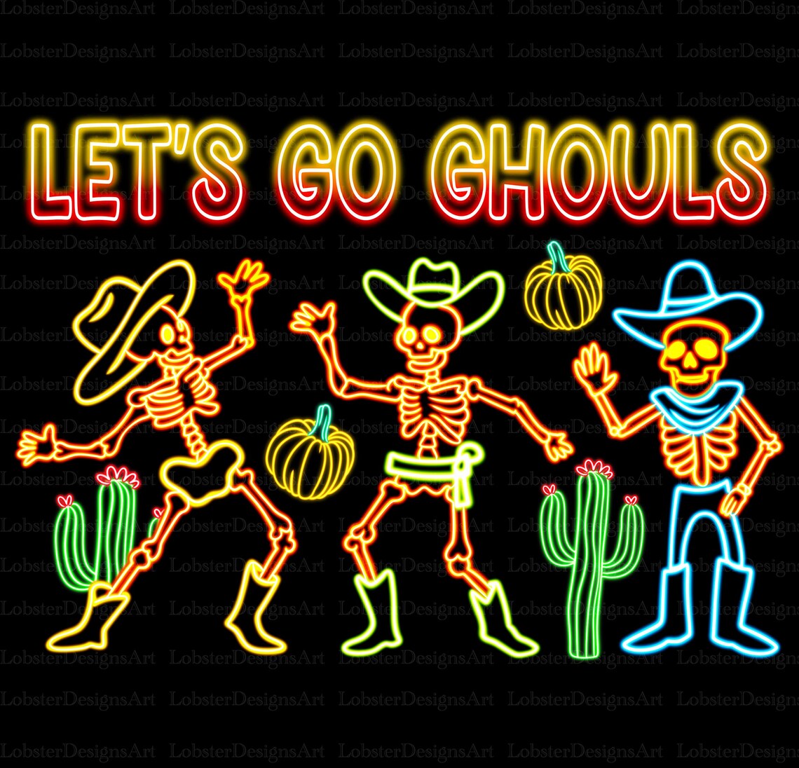 Let's Go Ghouls Dancing Skeletons Png, Halloween Neon Png, Fall Png ...