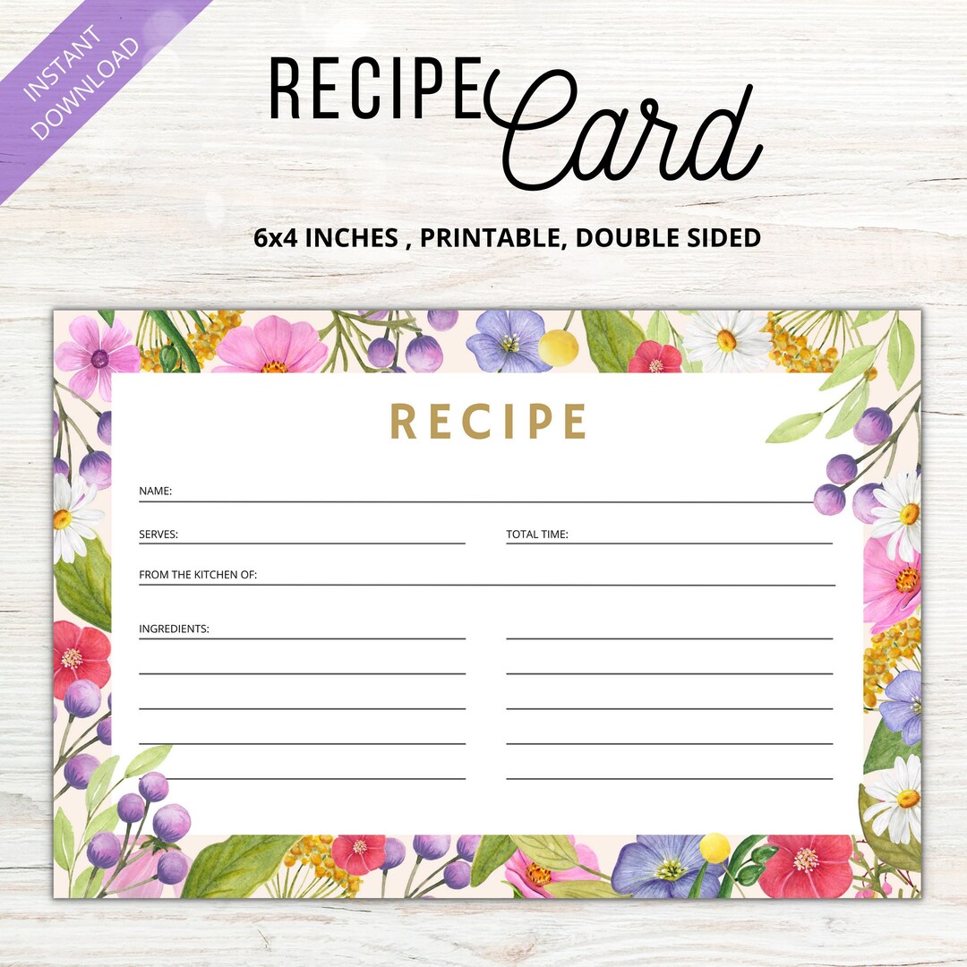 Recipe Card Printable | 4x6 Recipe Card | Recipe Page Template | Spring ...
