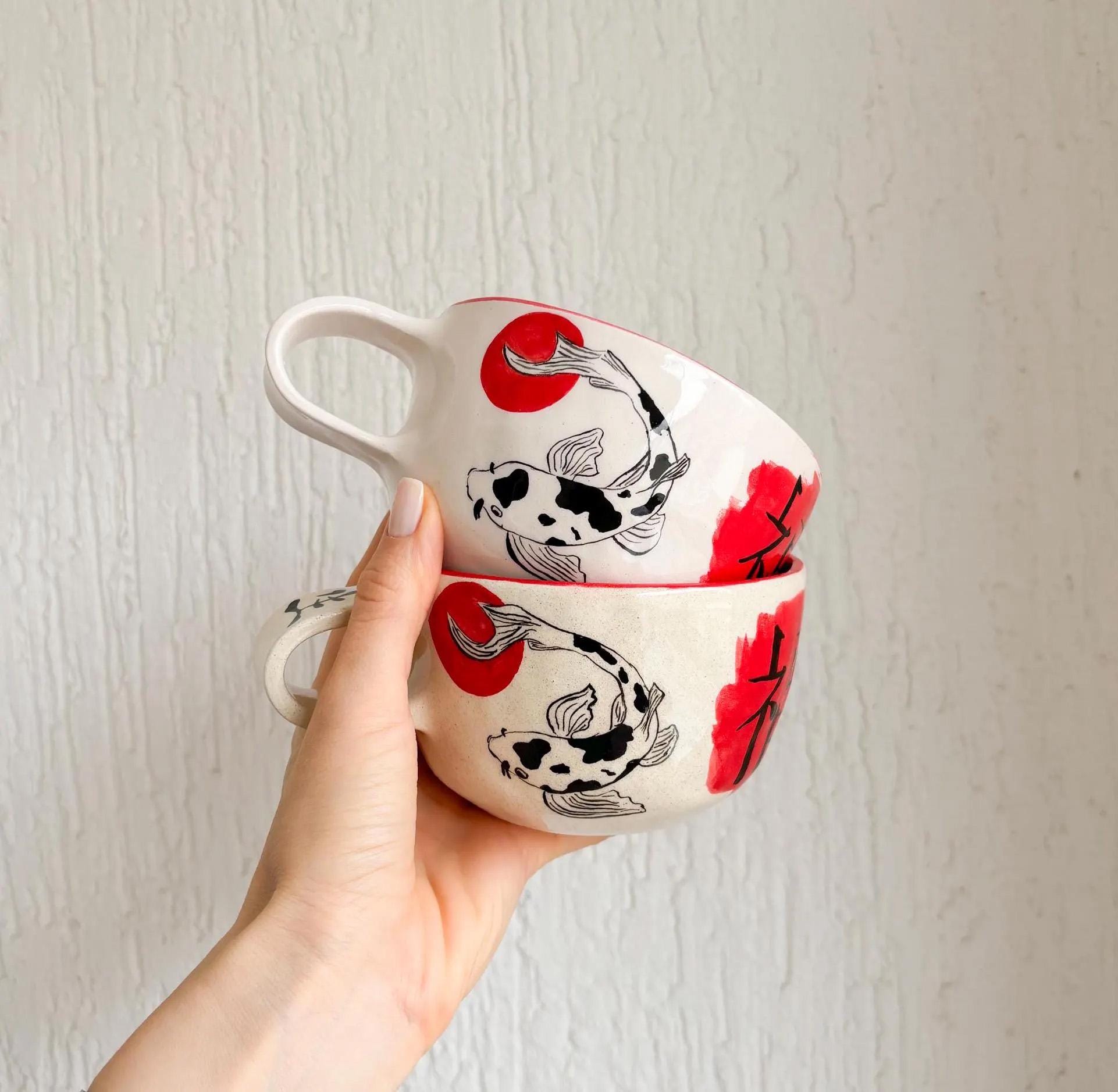 Handmade Koi Fish Ceramic Mug – Japanese Wabi Sabi Decor, Unique Gift ...