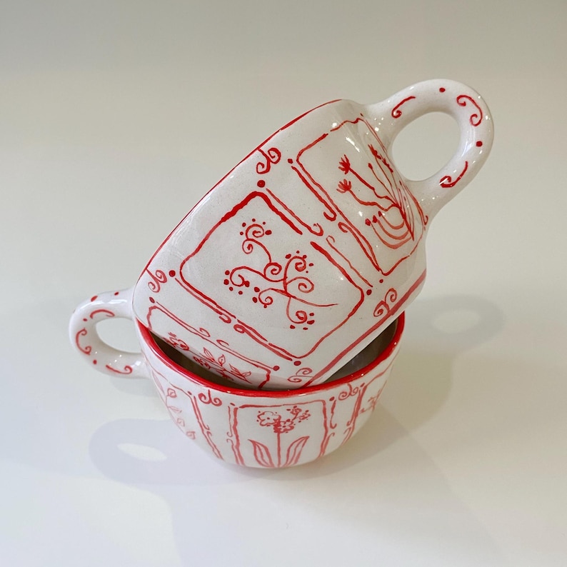 Rustic Red Floral Ceramic Mug, Handmade and Hand Painted, Unique Gift ...