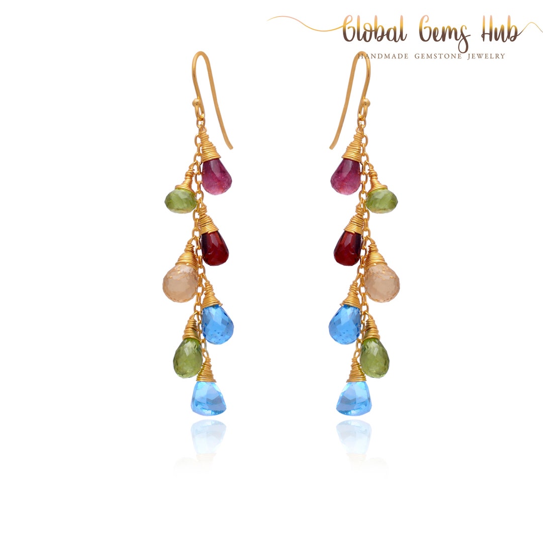 Natural Multi Gemstone Earrings, 925 Sterling Silver Drop Dangle ...