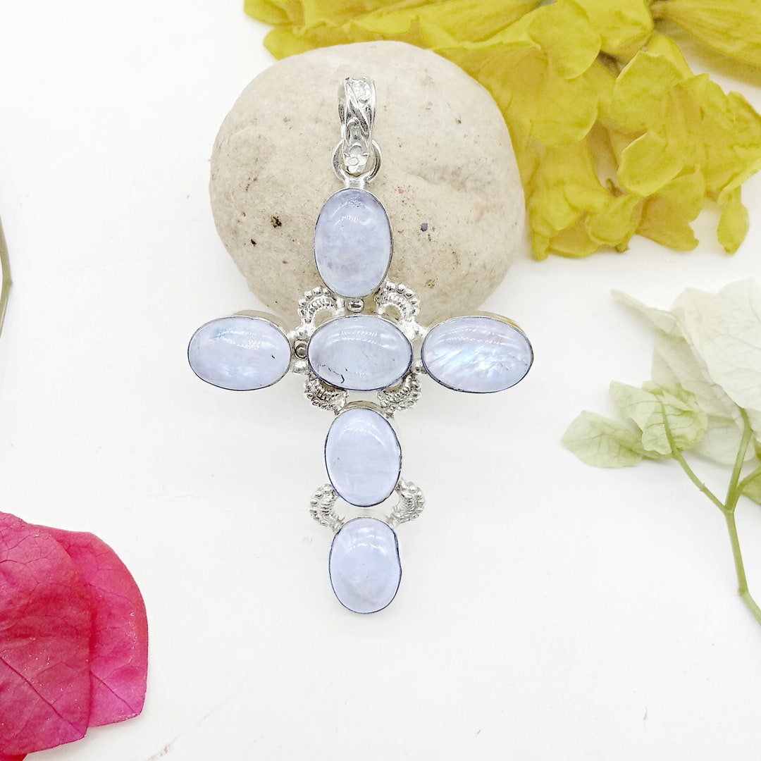 Rainbow Moonstone Silver Cross Pendant, Multi Stone Pendant, 925 ...
