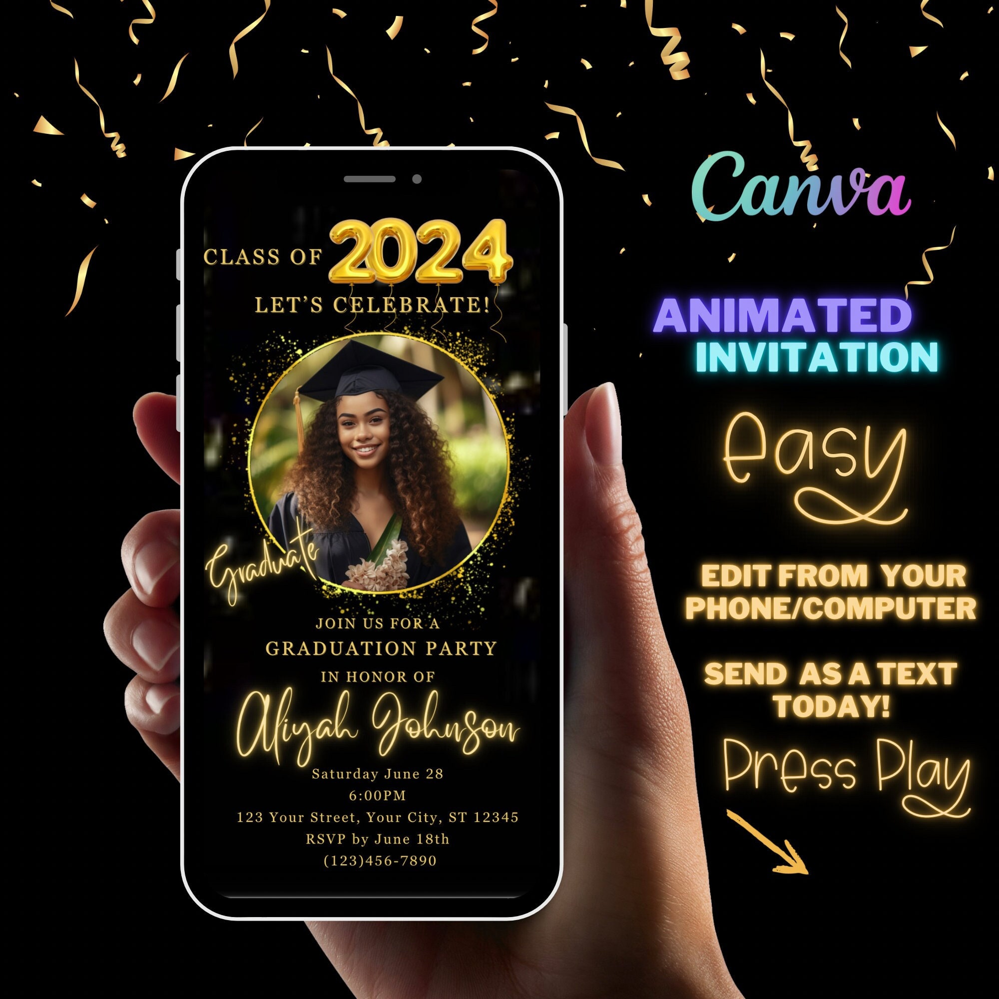 Graduation Party Invitation, Fall Graduation, Digital Black and Gold ...