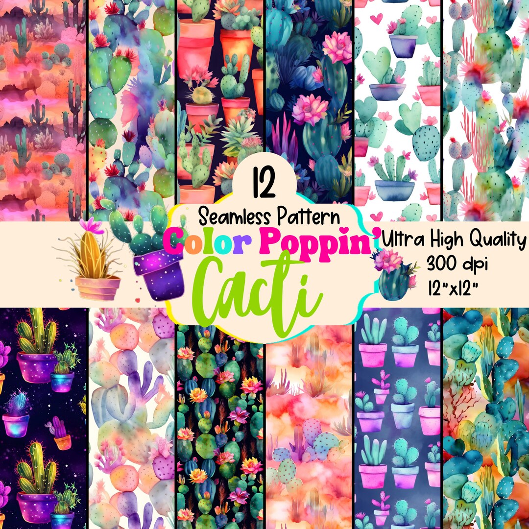 Color Poppin Cacti, Watercolor Cactus Seamless Pattern, Seamless ...