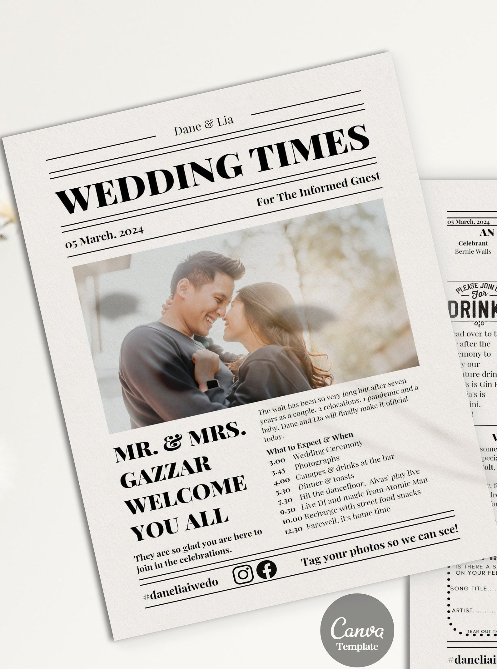 Newspaper Wedding Program Template Editable Wedding Infographic Unique ...