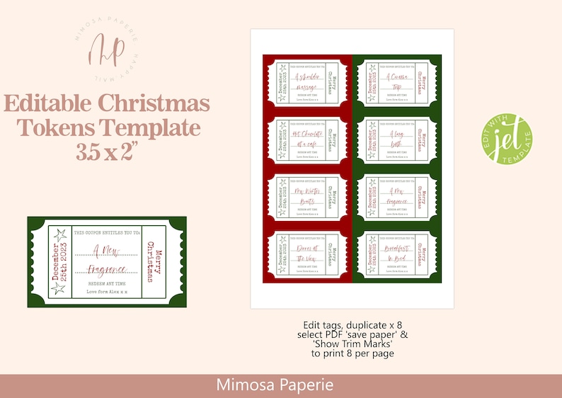 Editable Christmas Gift Tokens, Custom Love Coupons, Printable (instant ...