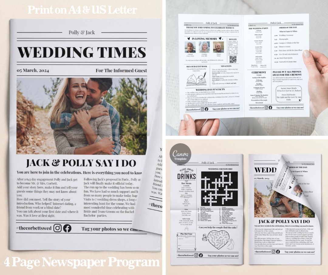Newspaper Wedding Program Fully Editable Printable Wedding Programs ...