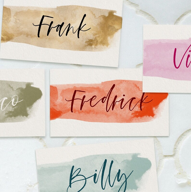 Calligraphy Place Cards, Watercolor Strokes, Editable Template (digital ...