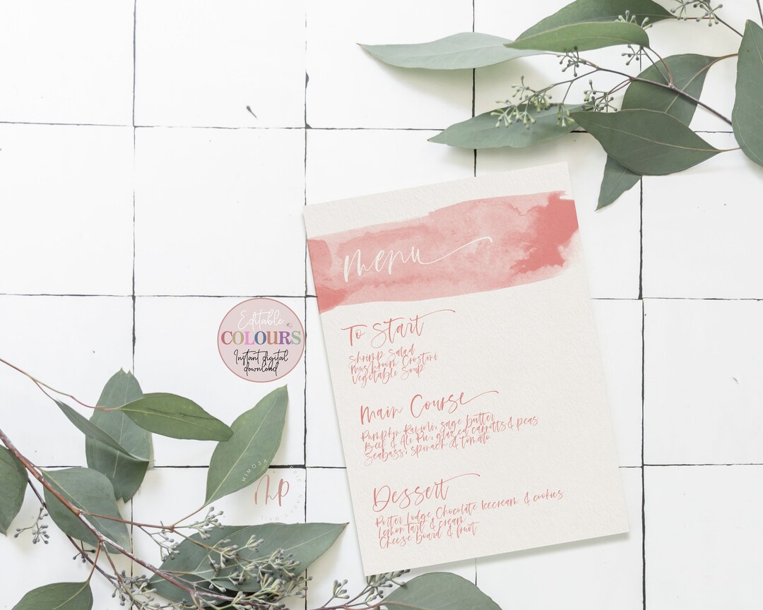 Calligraphy Menu Cards Printable Template, Editable Custom Color Hen ...
