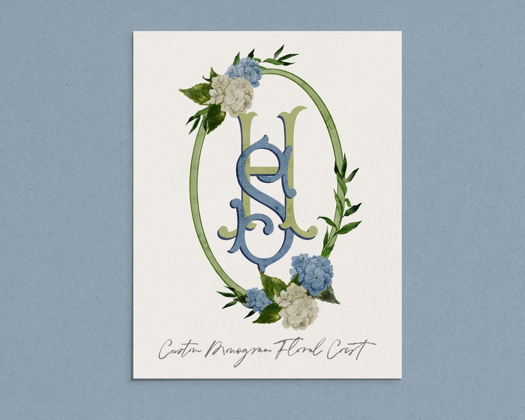 Hydrangea Wedding Crest, Semi Custom Crest With Blue Hydrangeas ...