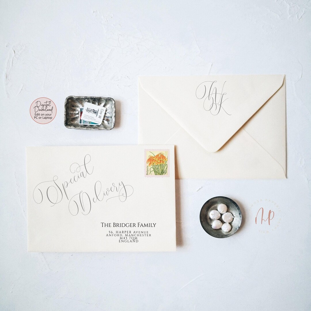 Custom Monogram A7 Envelope Address Template, Printable Calligraphy ...
