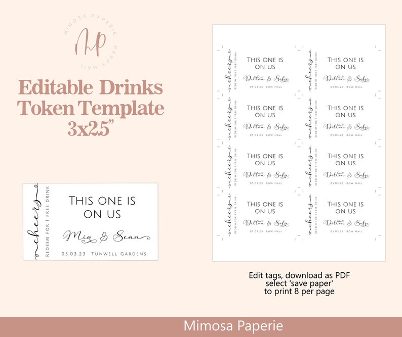 Wedding Drinks Token Printable Template, Custom Colour Editable Drink ...