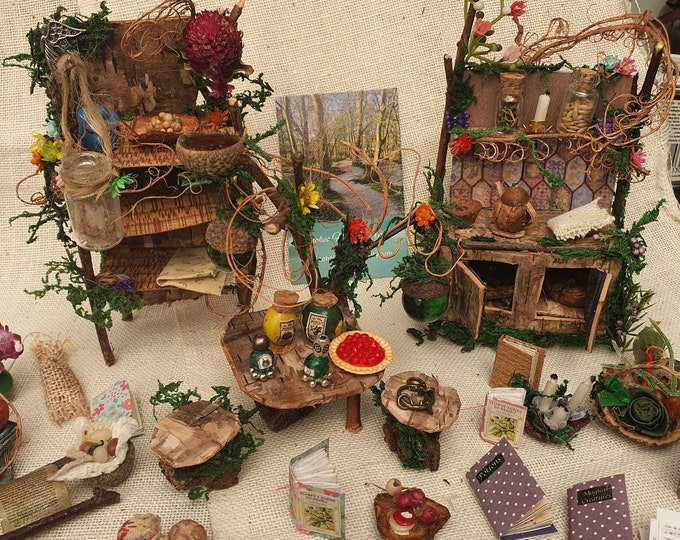 Fairy House Kitchen - Stove, Table With Stools and a Set of Shelves ...
