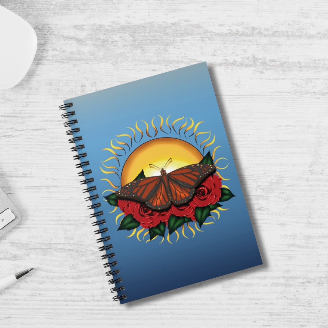 Vibrant Spiral Notebook Featuring Monarch Butterflies, Roses, and a ...