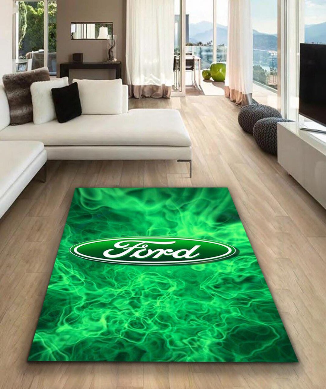 Ford Logo Rug: Green Flame Design, Man Cave Decor - Etsy