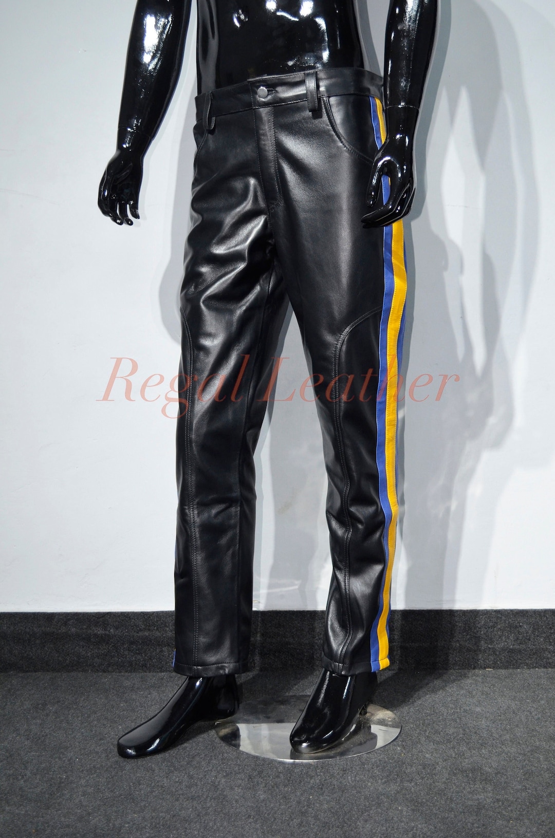 Men's Gay Leather Trouser Pants Genuine Lambskin Leather Premium Black Color With Stripes LGBT ...