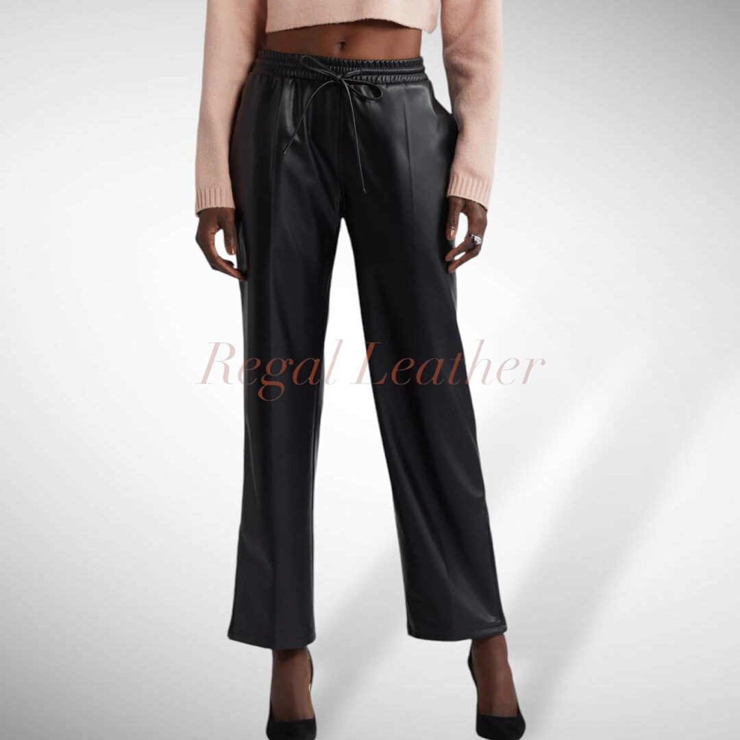Women's Genuine Lambskin Leather Track Pants Drawstring Waist, Soft ...