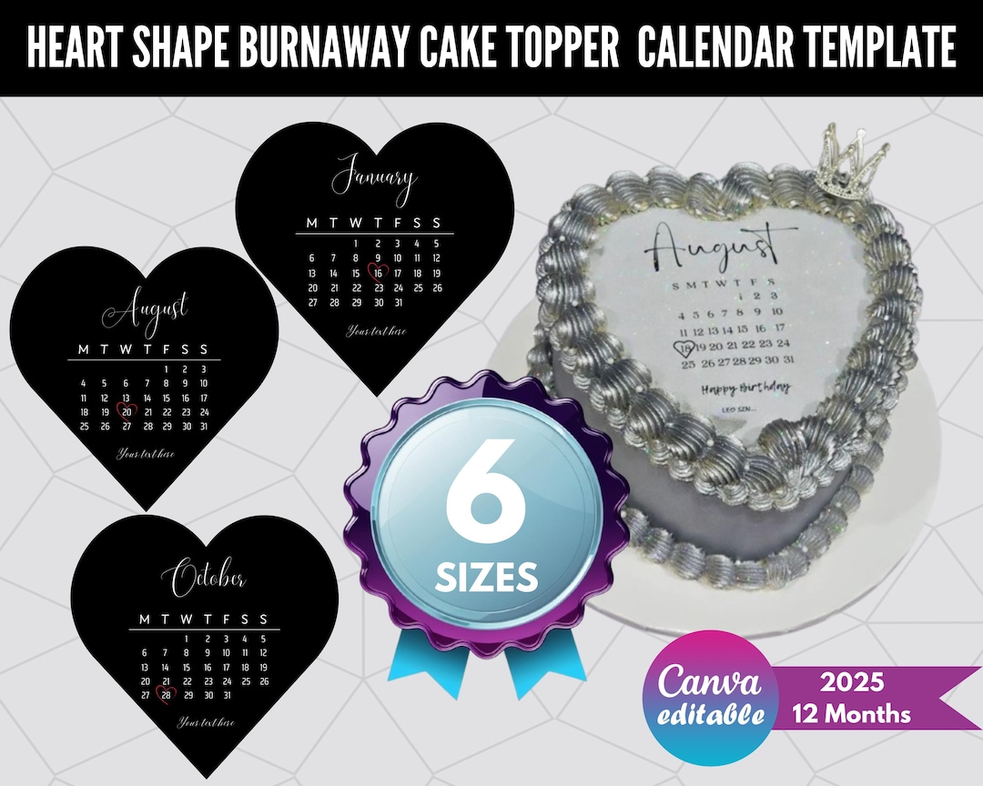 Burn Away Cake Topper Calendar Template, Heart Shape (canva Editable ...