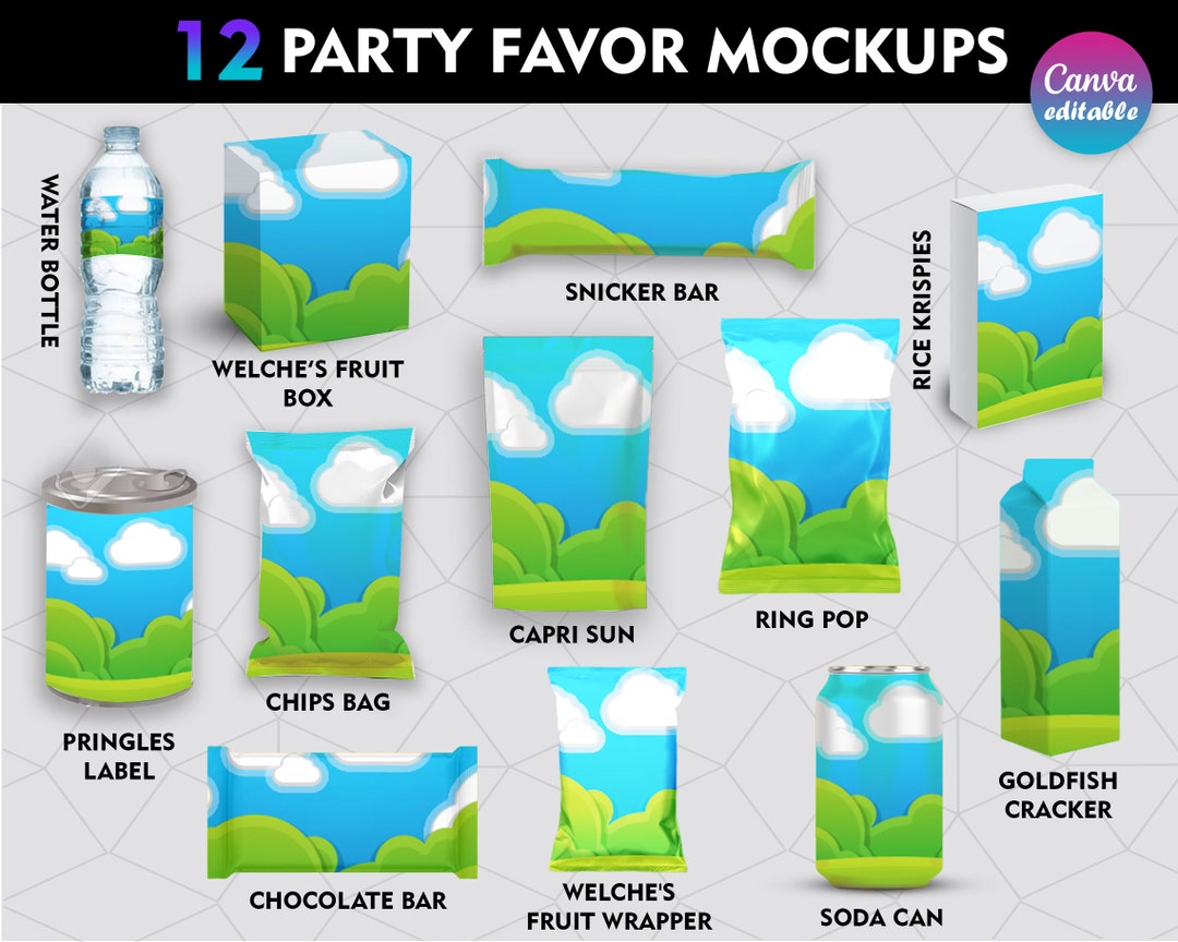 Party Favor Mockups Bundle – Chip Bag, Water Bottle (canva Editable) - Etsy