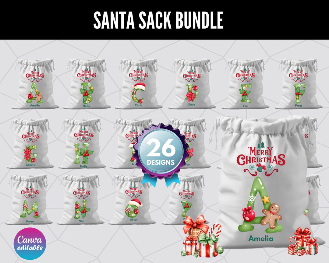 Custom Christmas Santa Sack Doodle Letters, Canva Editable (26 Designs ...