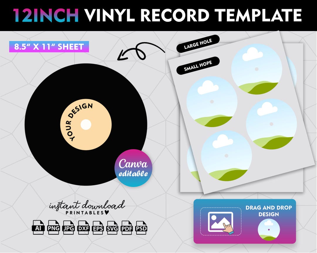 12 Inches Vinyl Record Template, Vinyl Record Label Template, Record ...