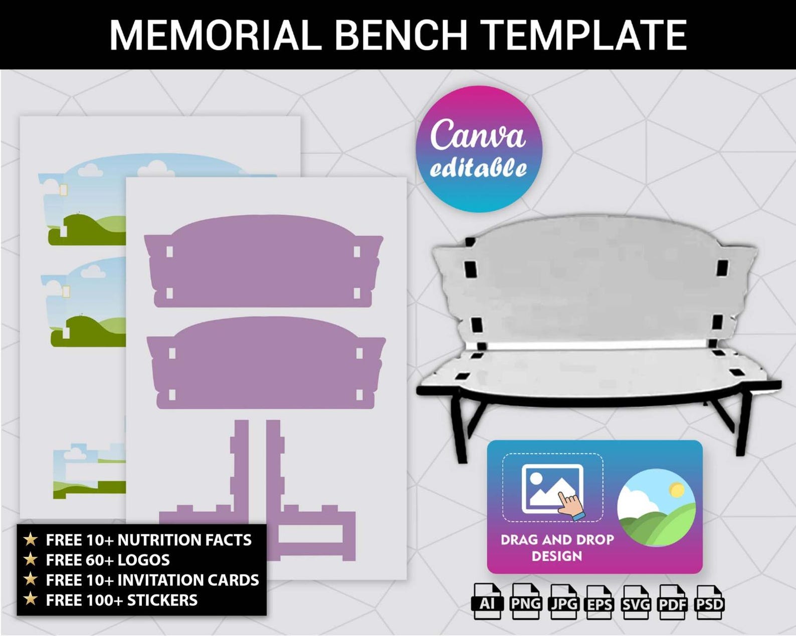 Memorial Bench Template, Sublimation Blank, Laser Cut Files, Canva ...