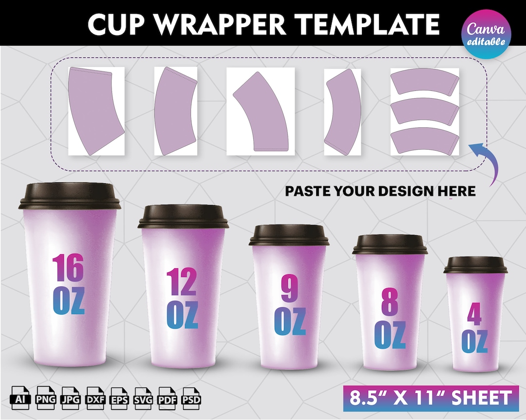 Paper Cup Wrapper Template Bundle, 5 Sizes Paper Cup Wrapper SVG, Cup ...
