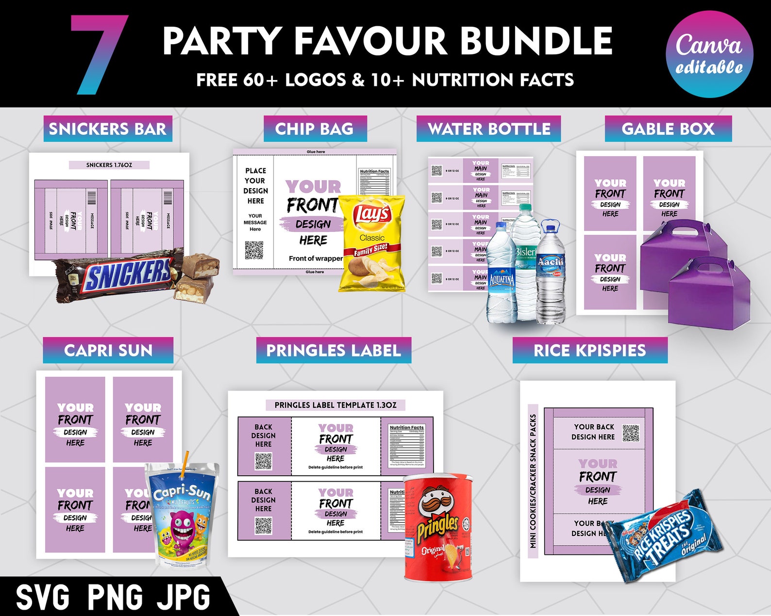 07 Party Favor Templates, Template Bundle , Party Favors, Chip Bag ...