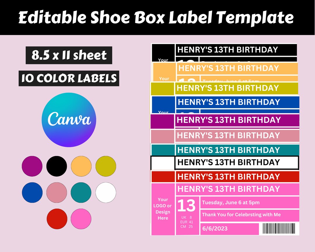 Shoe Box Label Template, Birthday Favor Box (canva Editable, Digital ...