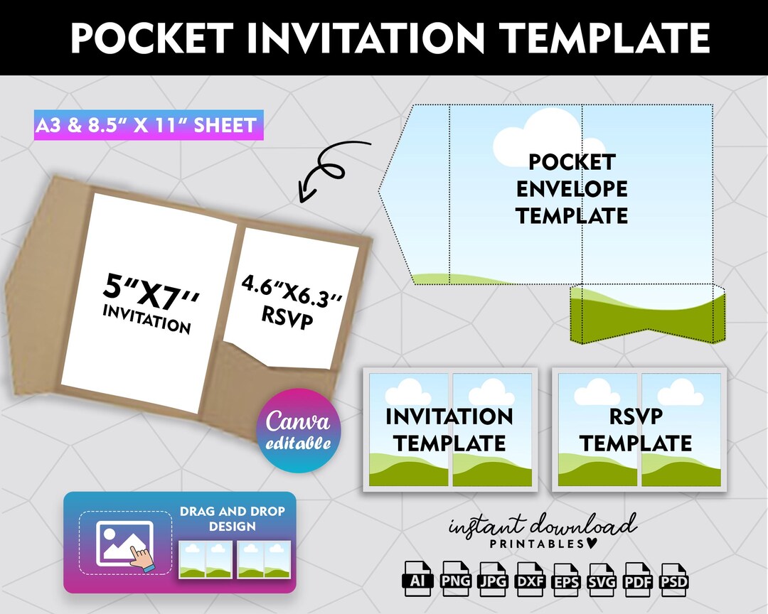 Pocketfold Template, 5x7 Inch Pocket Wedding Invitation Template ...