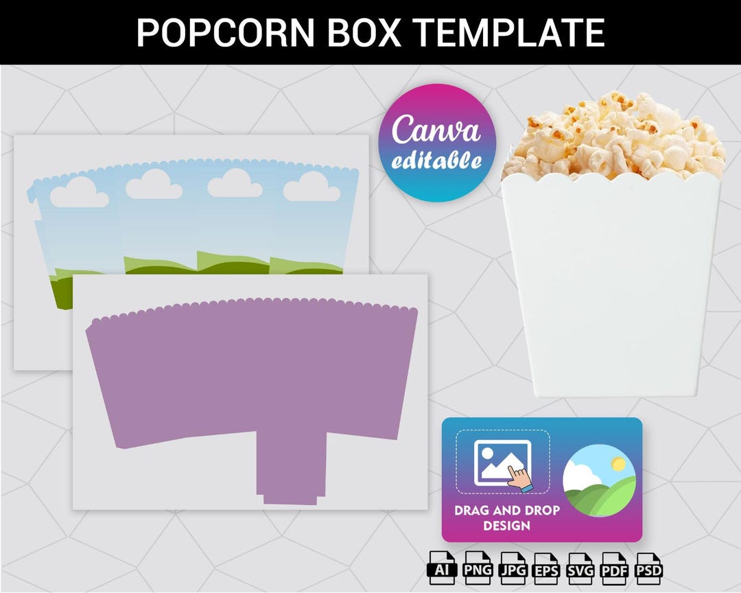 Pop Corn Box Template, Popcorn Box Blank Template, Snack Box Template ...