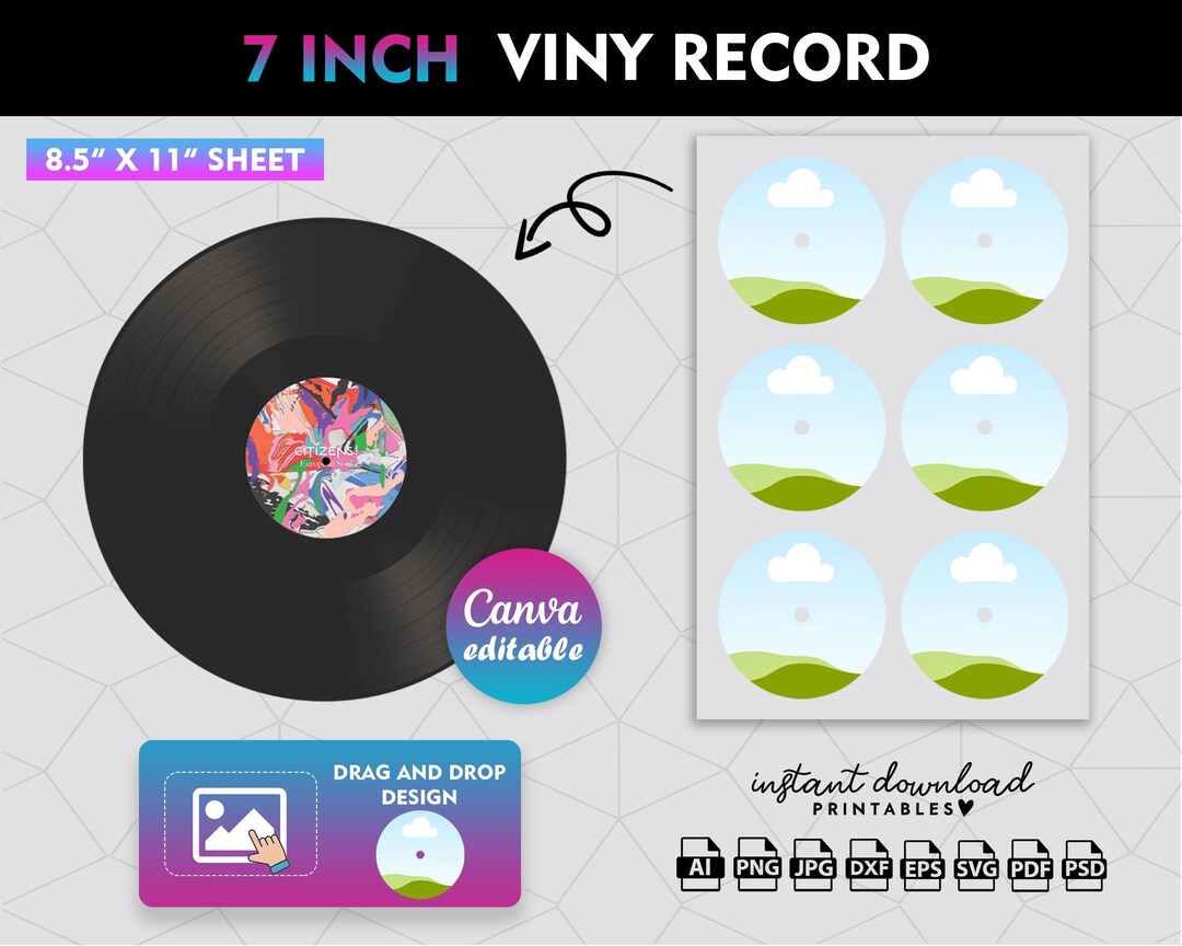7 Inches Vinyl Record Template, Vinyl Record Label Template, Record ...