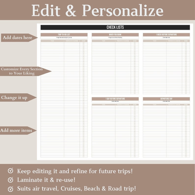 Ultimate Travel Planner Checklist Spreadsheet, Vacation Organizer ...