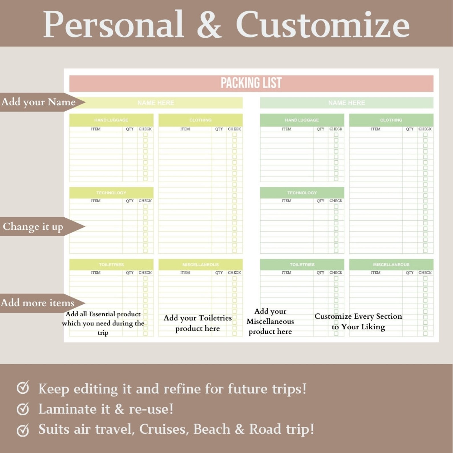 Ultimate Editable Travel Packing List Template | Google Sheets, Excel ...