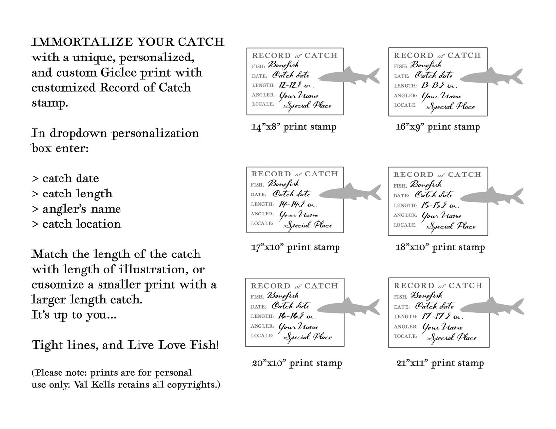CUSTOM 14x8 21x11 Bonefish Prints With Custom Catch Stamps Personalized ...